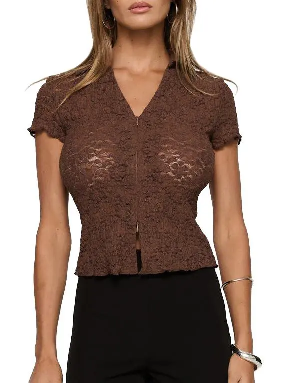 Princess Polly Lace Crop Top With Collar - Brown