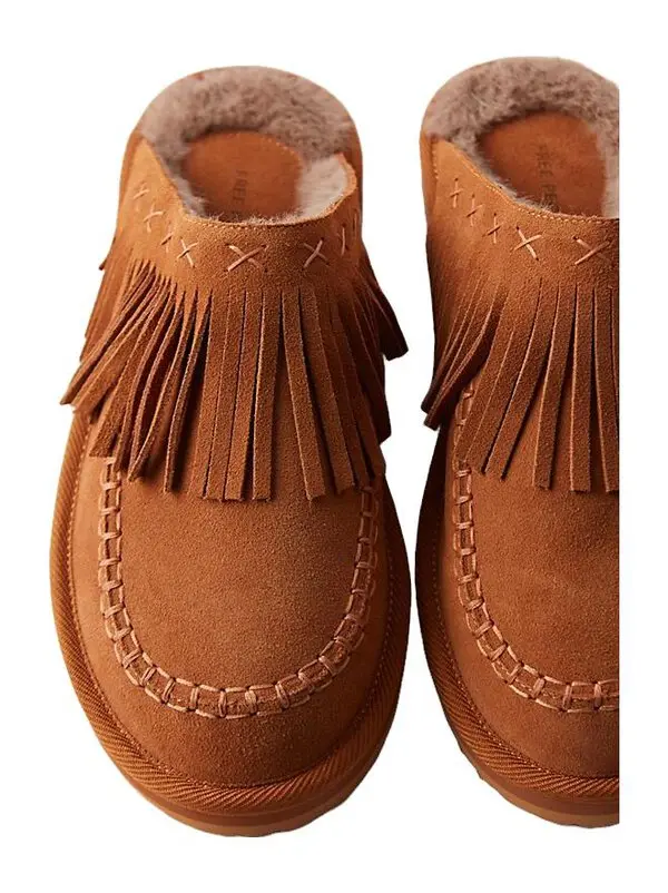 Free People Fallon Fringe Mules - Toffee Suede