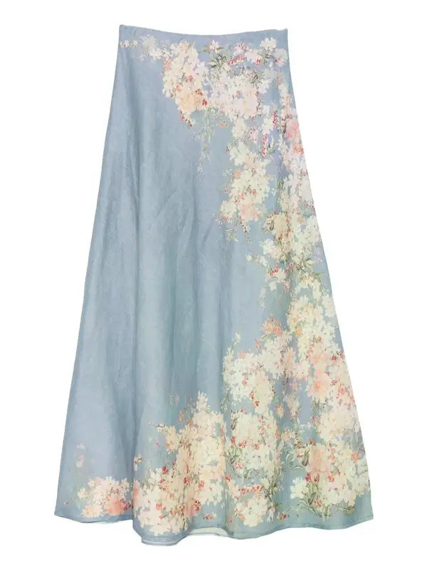 Zimmermann Cascadian Floral-print Linen Skirt - Blue