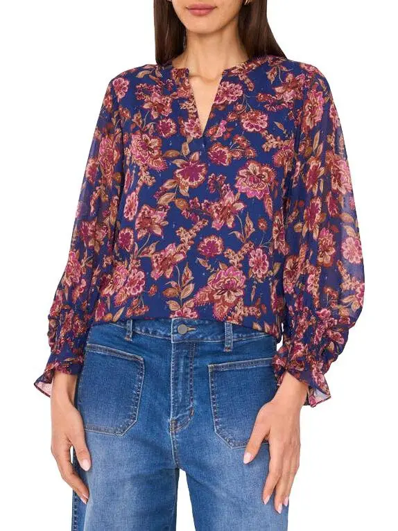 Vince Camuto Floral Split Neck Top - Deep Sky