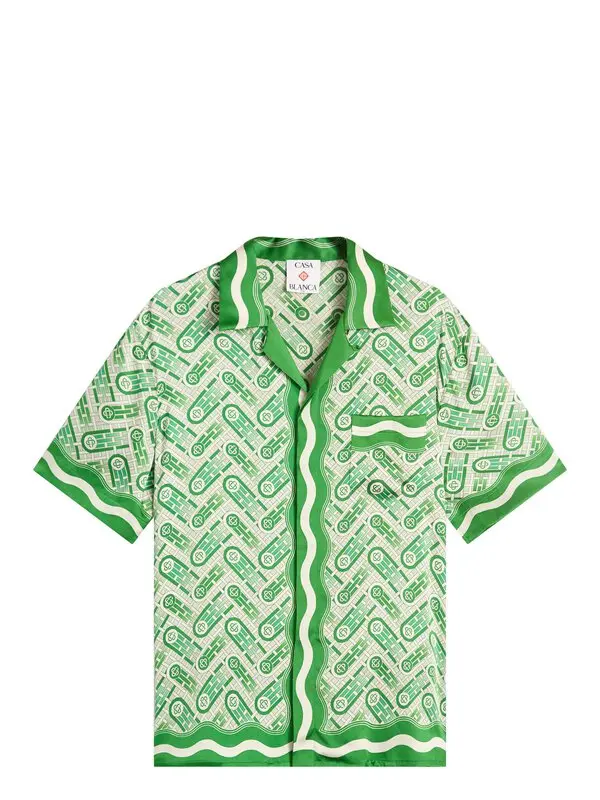Casablanca Cuban Collar Short Sleeve Patterned Silk Shirt - Green