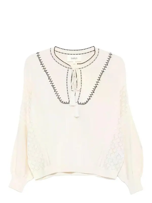 Ba&sh Embroidered Tassel-neck Top - Neutrals
