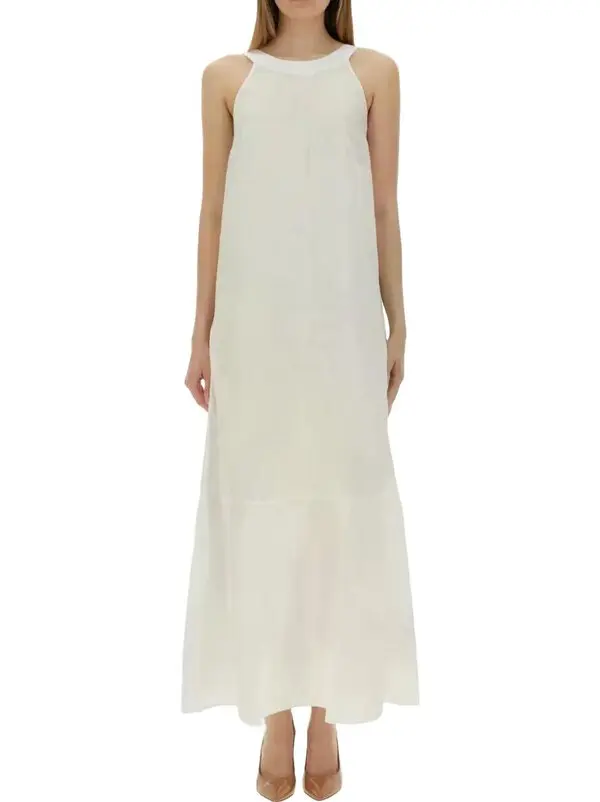 120% Lino Round-neck Tiered Maxi Dress - White