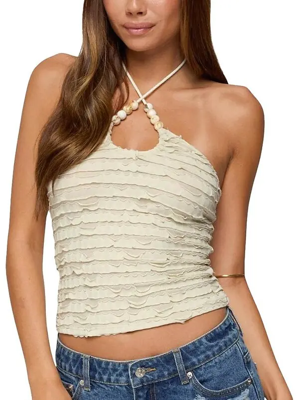 EDIKTED Criss Cross Beaded Halter Top - Beige