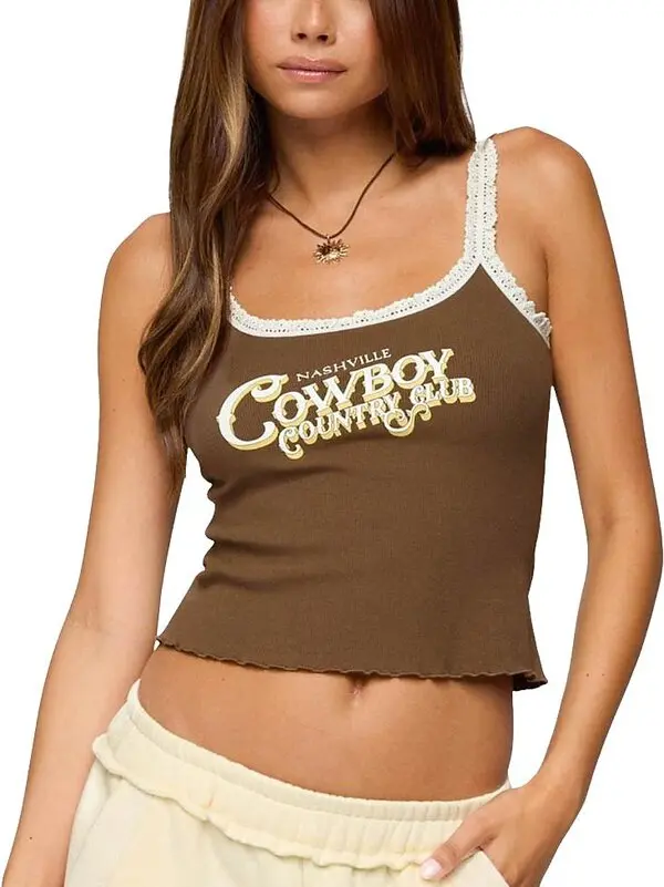 EDIKTED Nashville Cowboy Graphic Tank Top - Brown