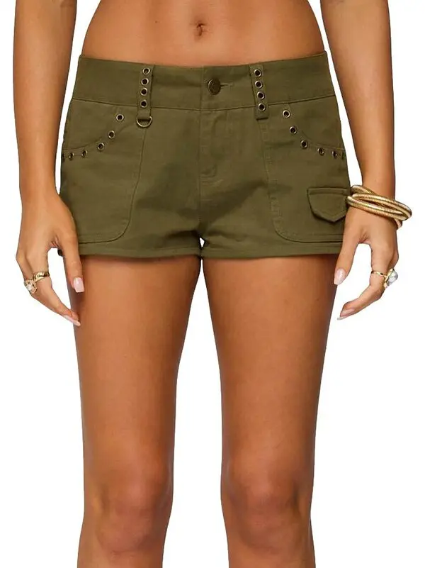 EDIKTED Hazen Grommet Low Rise Shorts - Olive-washed