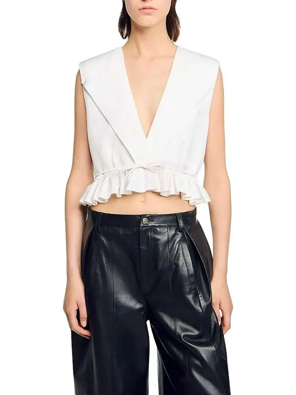 Sandro Ruffled Cropped Top - Ecru