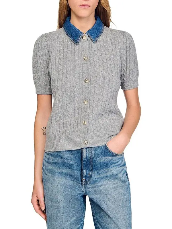 Sandro Cardigan With Denim Collar - Grey