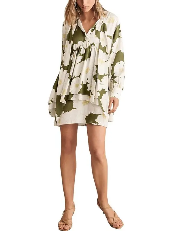 REISS Neva Floral Print Swing Dress - Ivory/green