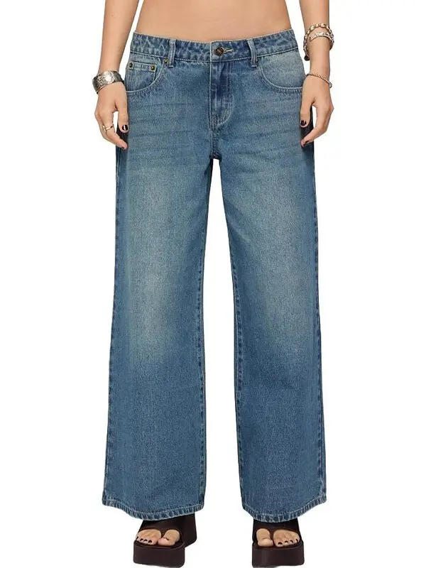 EDIKTED Petite Vyxen Vintage Washed Low Rise Jeans - Blue-vintage-washed