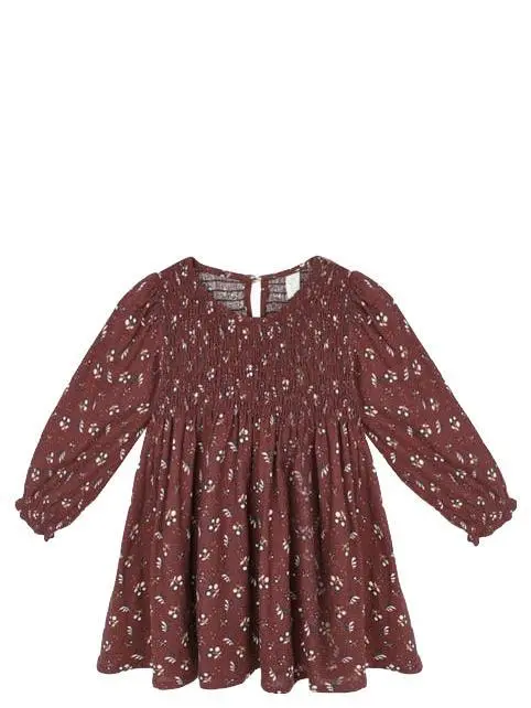 RYLEE + CRU Floral Long Sleeve Smocked Dress - Burgundy