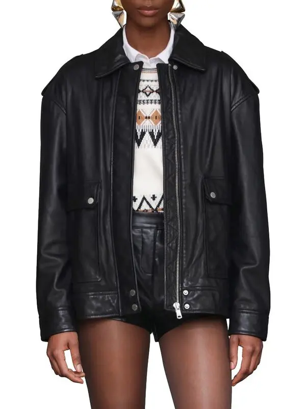 Avec Les Filles Leather Bomber Jacket - Black