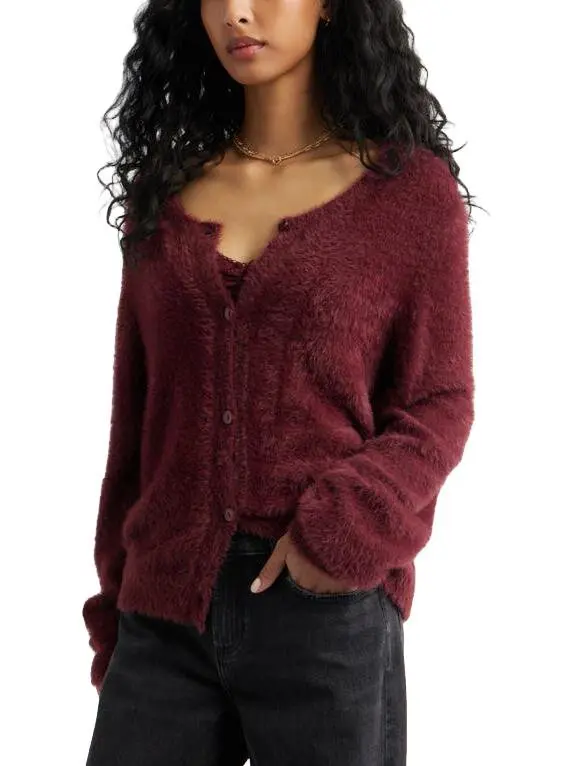 Bp. Fuzzy Scoop Neck Cardigan - Burgundy Tannin