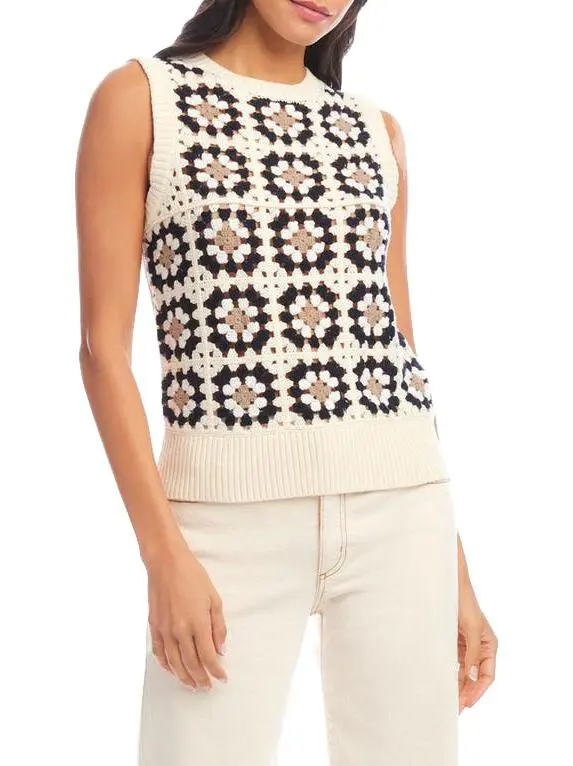 Karen Kane Cotton Crochet Vest - Cream Multi