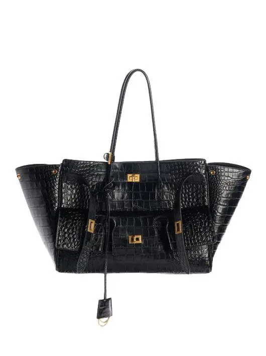 Balenciaga Medium Bel Air Croc-embossed Leather Tote - 1000 Black
