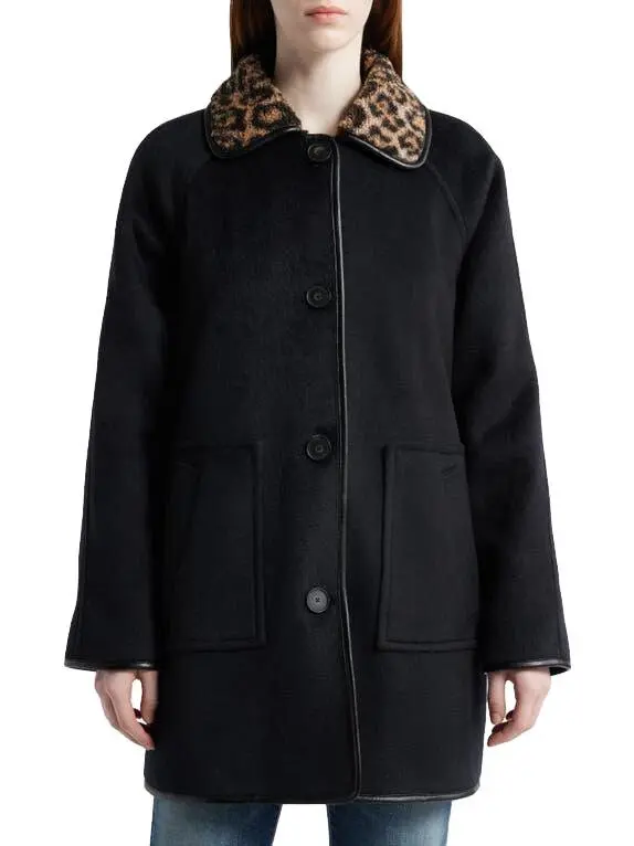 Bernardo Leopard Print Collar Felt Coat - Black /leopard Print
