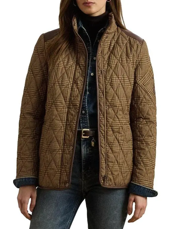 Ralph Lauren Houndstooth Quilted Barn Jacket - Camel/cognac Check