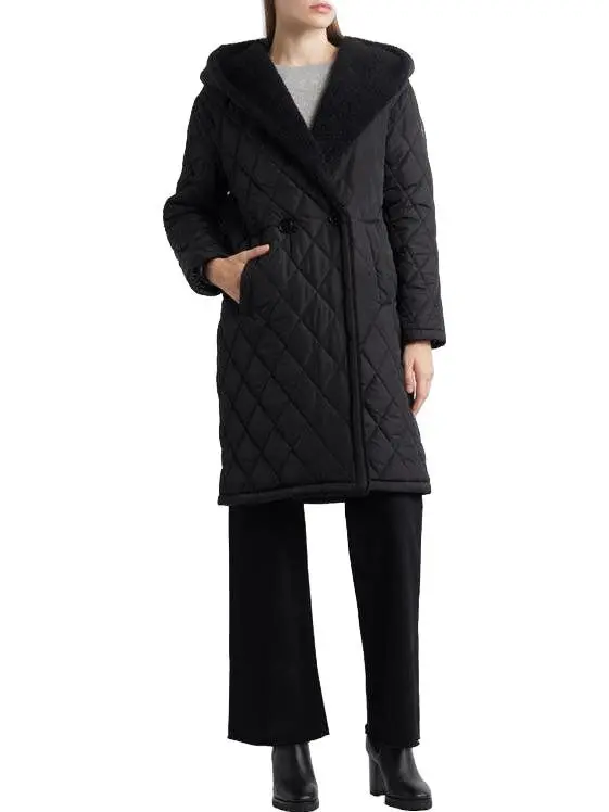 Michael Kors Faux Shearling Lined Quilted Hooded Coat - Black