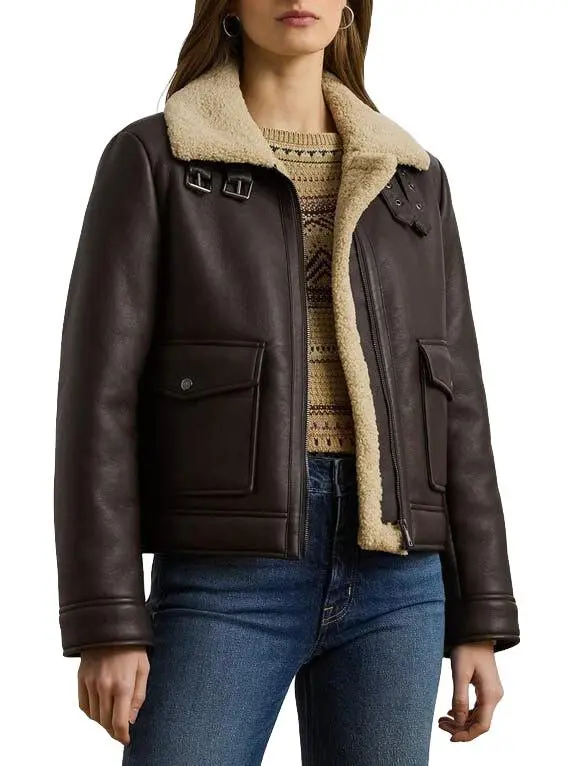 Ralph Lauren Faux Leather And Faux Shearling Bomber Jacket - Circuit Brown