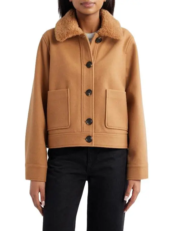 Sam Edelman Crop Jacket With Faux Shearling Collar - Camel