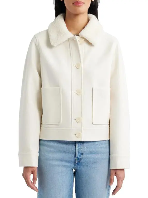 Sam Edelman Crop Jacket With Faux Shearling Collar - Modern Ivory