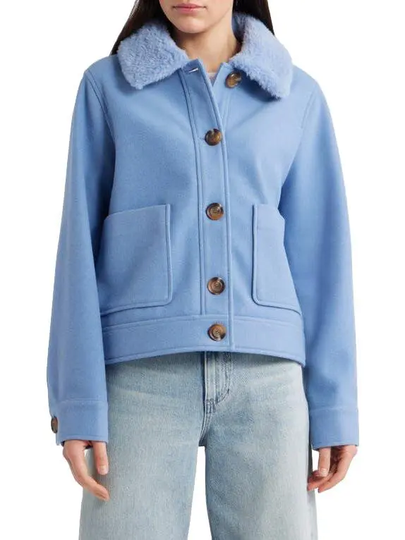 Sam Edelman Crop Jacket With Faux Shearling Collar - Sky Blue
