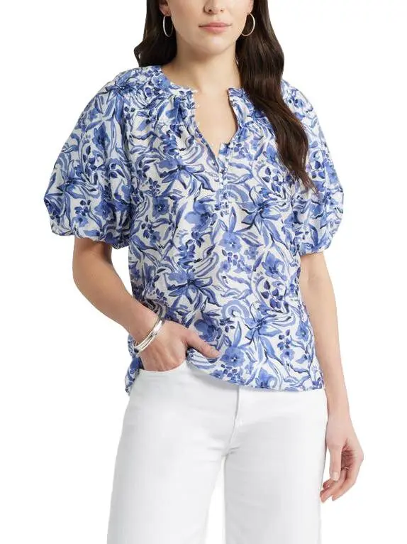 Caslon Puff Sleeve Floral Top - Ivory- Navy Daisy Garden