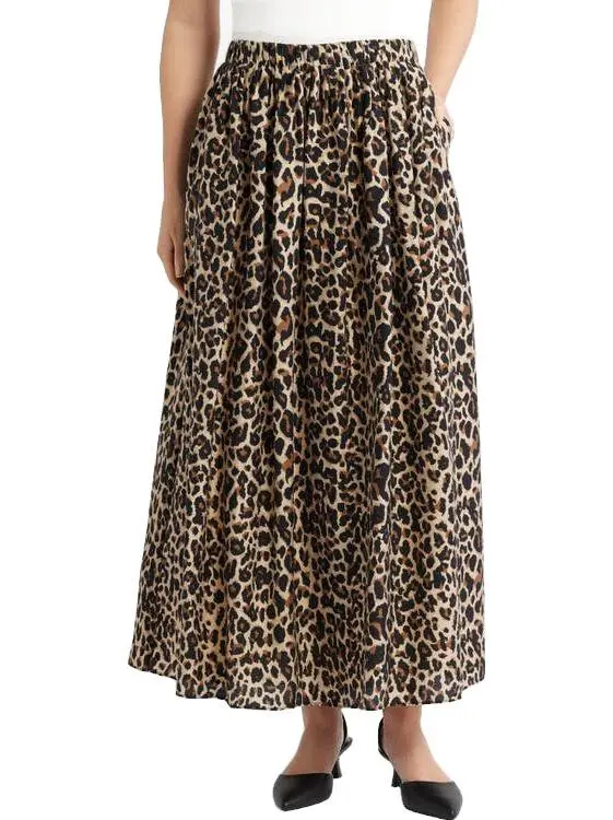 Caslon Printed Pleated Maxi Skirt - Tan- Black Sarah Leopard
