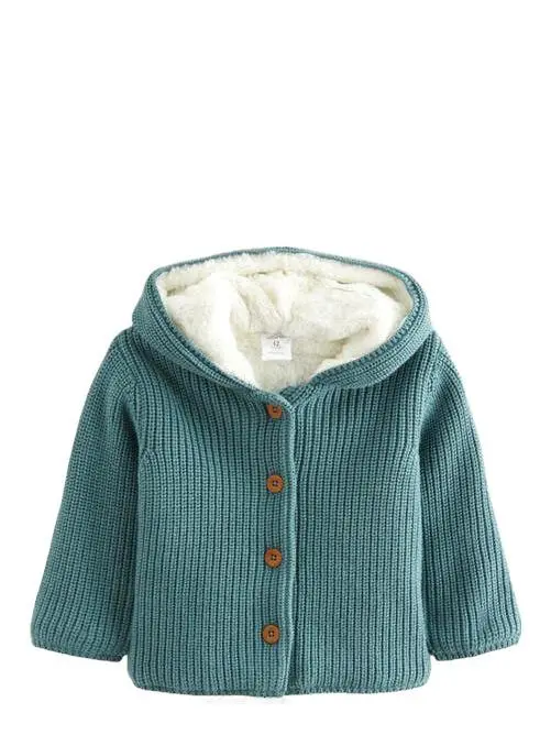 Nordstrom Hooded Cotton Cardigan With Faux Fur Lining - Teal Arctic