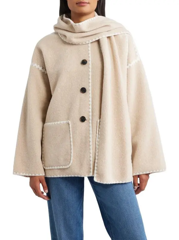 Bcbgmaxazria Embroidered Trim Scarf Coat - Oatmeal
