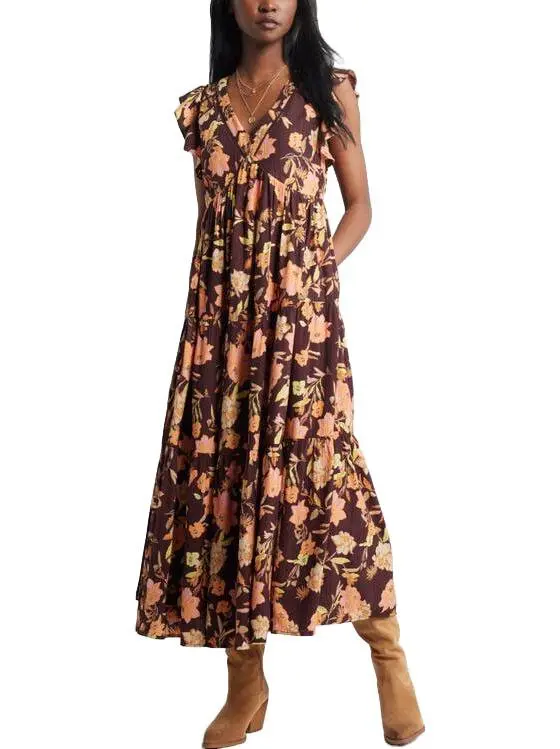 Treasure & Bond Crinkle Finish Flutter Sleeve Maxi Dress - Burg- Pink Jordan Floral