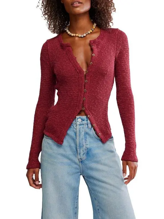 Free People Ribbed Cotton-blend Cardigan - Cabernet