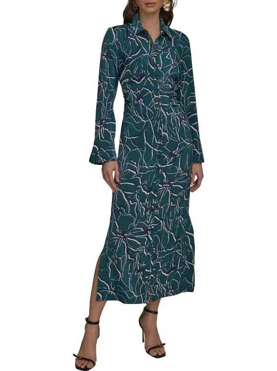 Donna Karan New York Floral Long Sleeve Shirtdress - Green/eclipse