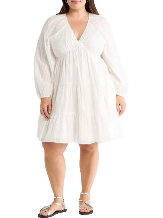 Treasure & Bond Tiered Long-sleeve Babydoll Dress - Ivory Egret