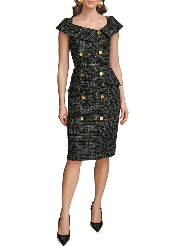 Donna Karan New York Double-breasted Tweed Sheath Dress - Black/cream