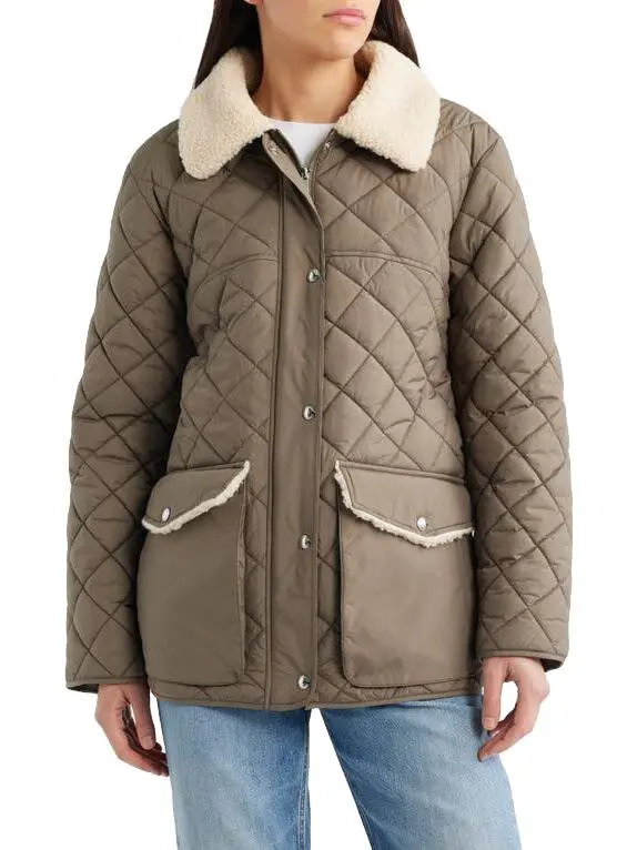 Sam Edelman Quilted Twill Jacket With Faux Shearling Collar - Sage
