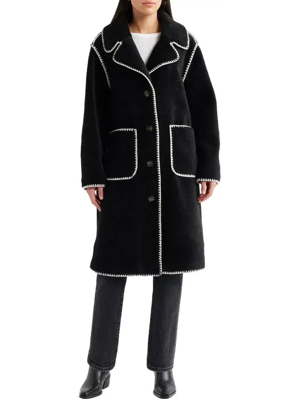 Bernardo Blanket Stitch Fleece Coat - Black/white