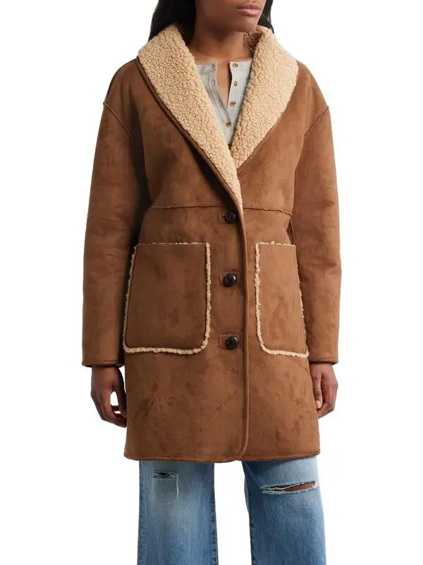 Lucky Brand Shawl-collar Faux Shearling Coat - Camel-tan