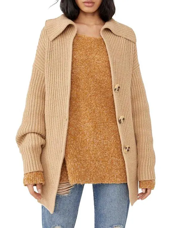 Free People Ribbed Knit Oversized Cardigan - Almond