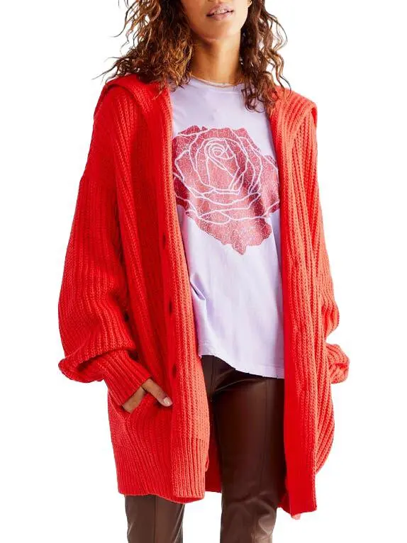 Free People Ribbed Knit Oversized Cardigan - Red Hot