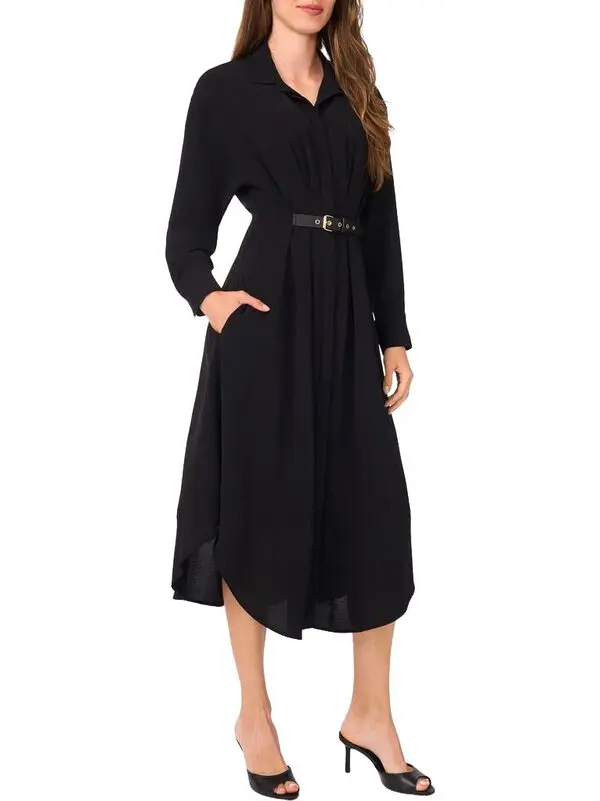 Halogen Pleated Long Sleeve Belted Waist Midi Shirtdress - Rich Black 060