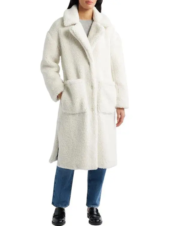 Bcbgmaxazria Notch Collar Faux Shearling Long Coat - Cream