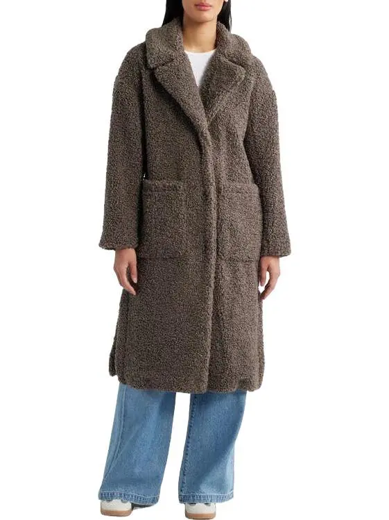 Bcbgmaxazria Notch Collar Faux Shearling Long Coat - Grey