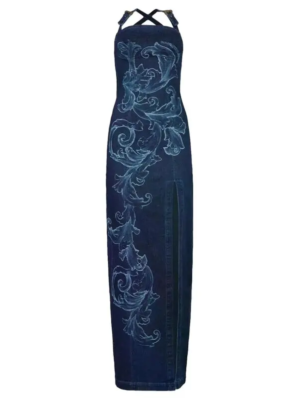 Versace Baroque-embellished Denim Dress - Blue