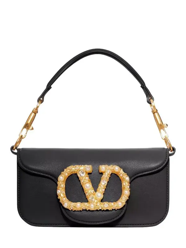 Valentino Garavani Vlogo Embellished Clasp Leather Shoulder Bag - Black