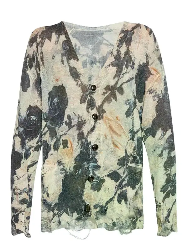 R13 Floral-print Frayed Cardigan - Black And Cream