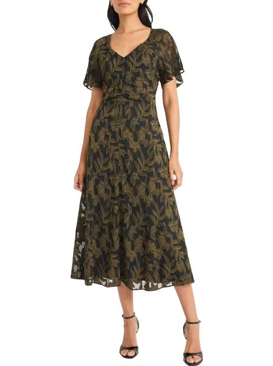 Maggy London Ruched Flutter Sleeve Midi Dress - Black/olive