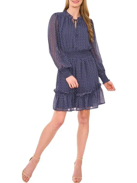 CECE DUPRAZ Geo Print Smocked Waist Long Sleeve Dress - Night Horizon