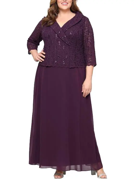 Alex Evenings Sequin Lace And Chiffon Cocktail Dress - Deep Plum