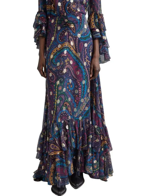 Etro Metallic Paisley Silk Maxi Skirt - Printed Pink Base